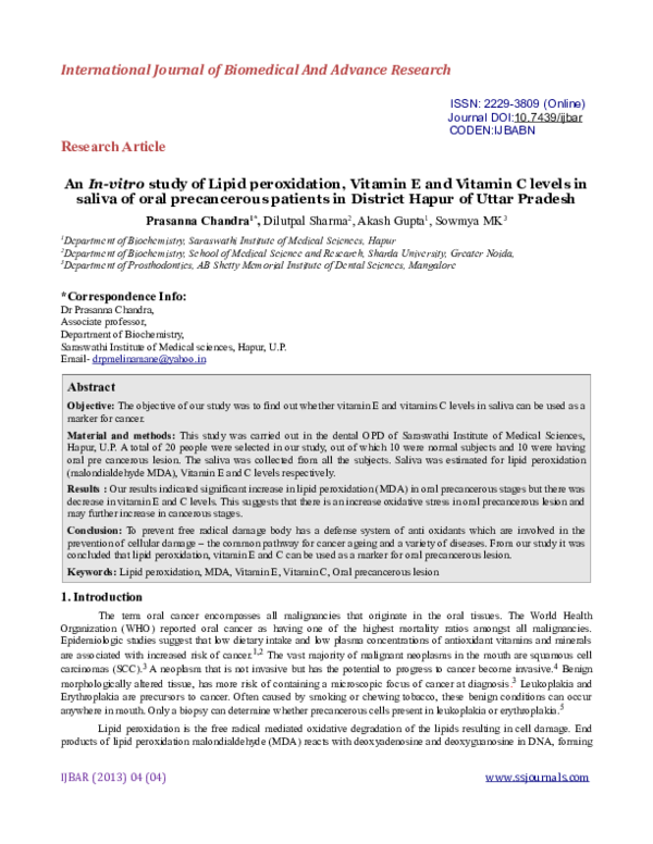 An In-vitro study of Lipid peroxidation, Vitamin E and Vitamin C levels ...