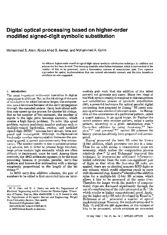(PDF) Digital optical processing based on higher-order modified signed-digit symbolic substitution