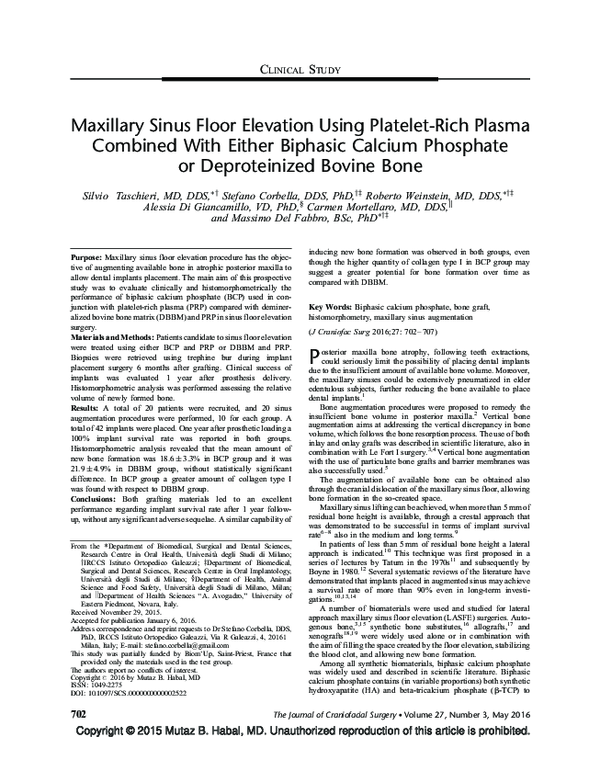 (PDF) Maxillary Sinus Floor Elevation Using Platelet-Rich Plasma Combined With Either Biphasic ...