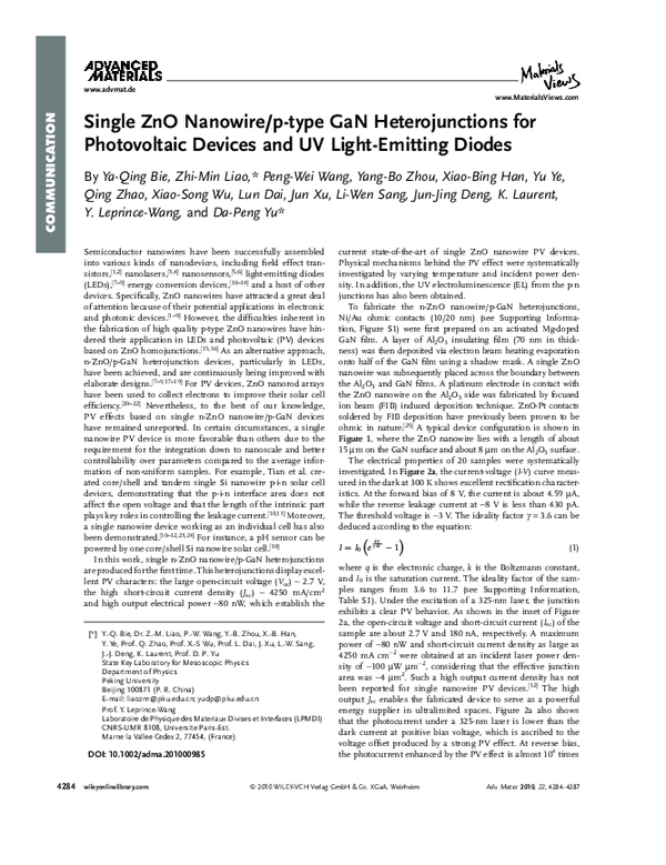 (PDF) Single ZnO Nanowire/p-type GaN Heterojunctions for Photovoltaic ...