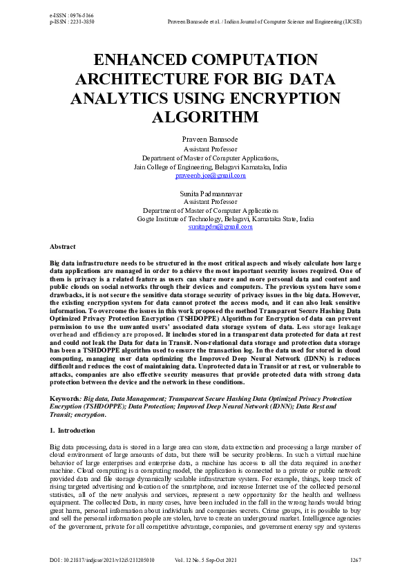 Pdf Enhanced Computation Architecture For Big Data Analytics Using Encryption Algorithm