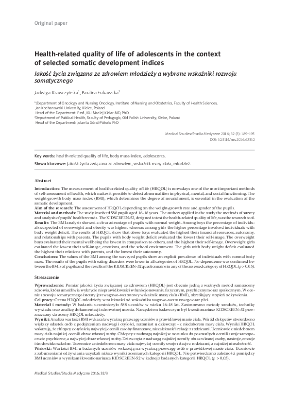 (PDF) Health related quality of life of adolescents in Vietnam: cross ...