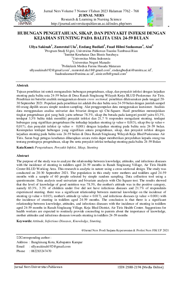 (PDF) Hubungan Pengetahuan, Sikap, Dan Penyakit Infeksi Dengan Kejadian Stunting Pada Balita ...