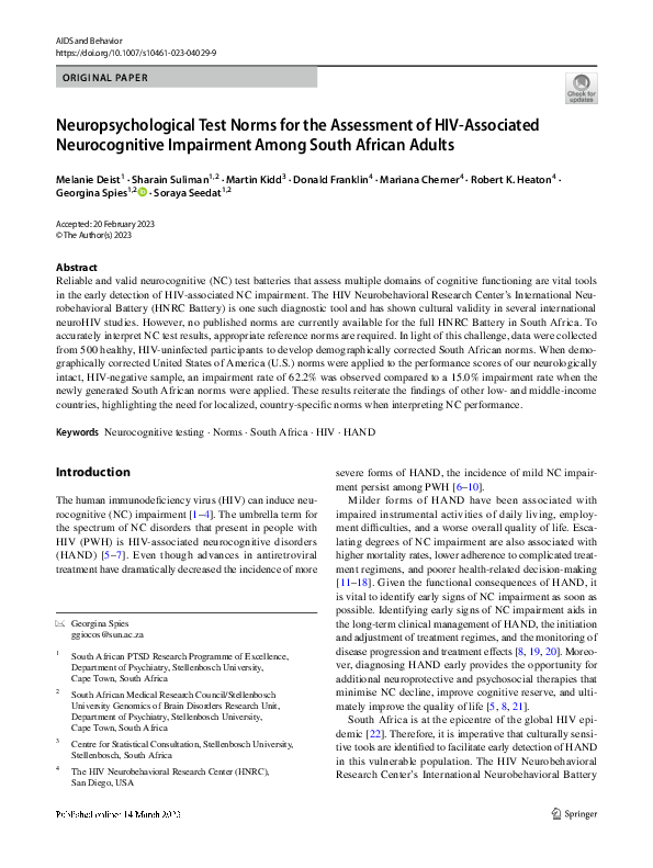 (PDF) Neuropsychological Test Norms for the Assessment of HIV ...