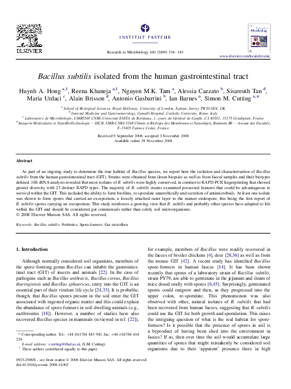 (PDF) Bacillus subtilis isolated from the human gastrointestinal tract
