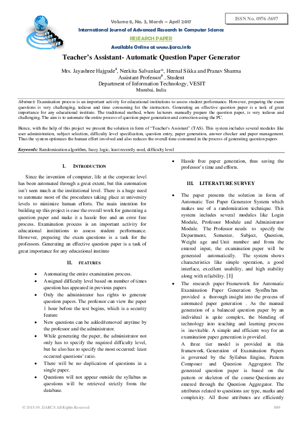 (PDF) Teacher’s Assistant- Automatic Question Paper Generator