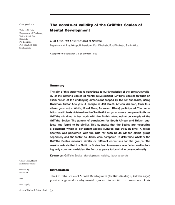 (PDF) The construct validity of the Griffiths Scales of Mental Development