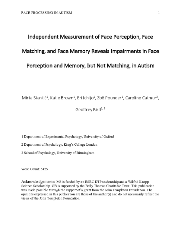 (PDF) Independent Measurement of Face Perception, Face Matching, and ...