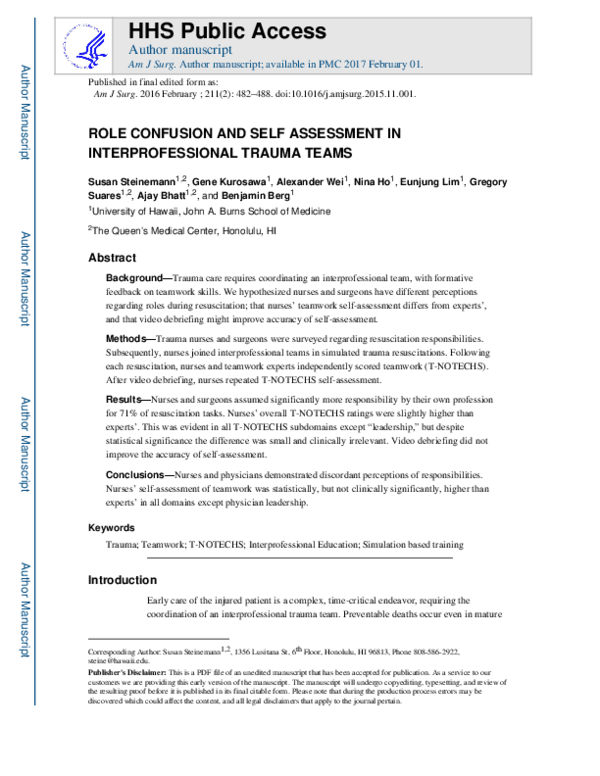 (PDF) Role confusion and self-assessment in interprofessional trauma teams