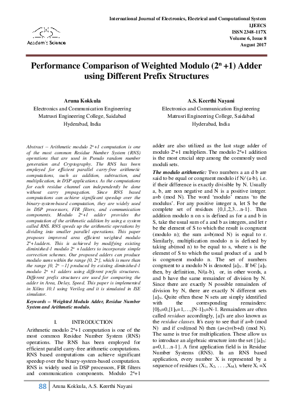 Pdf 88 Aruna Performance Comparison Of Weighted Modulo 2 N 1 Adder Using Different Prefix