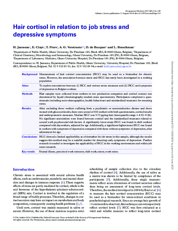 (PDF) Hair cortisol in relation to job stress and depressive symptoms