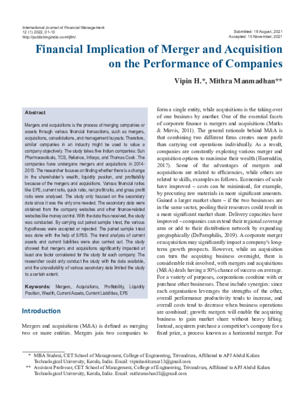 (PDF) Financial Implication of Merger and Acquisition on the ...