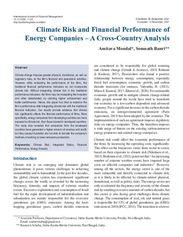 (PDF) Climate Risk and Financial Performance of Energy Companies -A ...