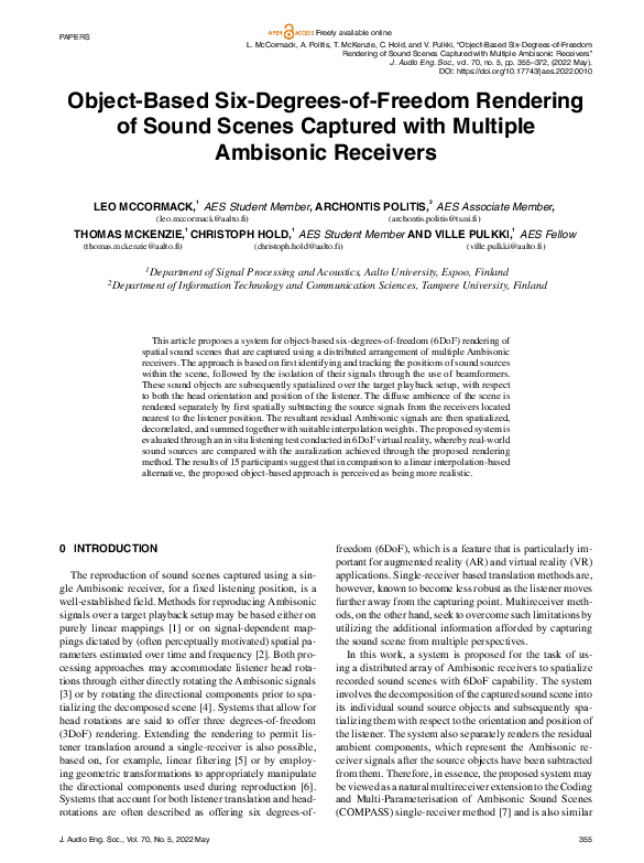 (PDF) Object-Based Six-Degrees-of-Freedom Rendering of Sound Scenes Captured with Multiple ...