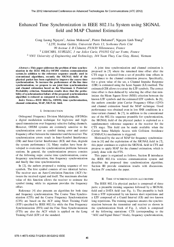 (PDF) Enhanced time synchronization in IEEE 802.11a system using SIGNAL field and MAP channel ...