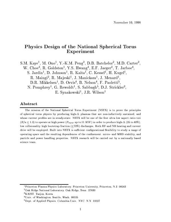 (PDF) Physics Design of the National Spherical Torus Experiment
