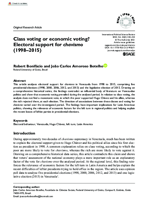 (PDF) Class Voting or Economic voting? Electoral Support for Chavismo ...