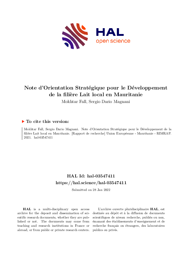 (PDF) Note d'Orientation Stratégique pour le Développement de la filière Lait local en ...