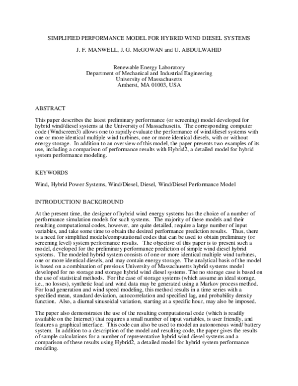 (PDF) Simplified Performance Model for Hybrid Wind Diesel Systems