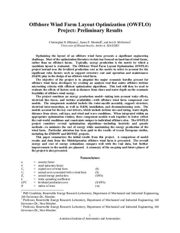 (PDF) Offshore Wind Farm Layout Optimization (OWFLO) Project ...