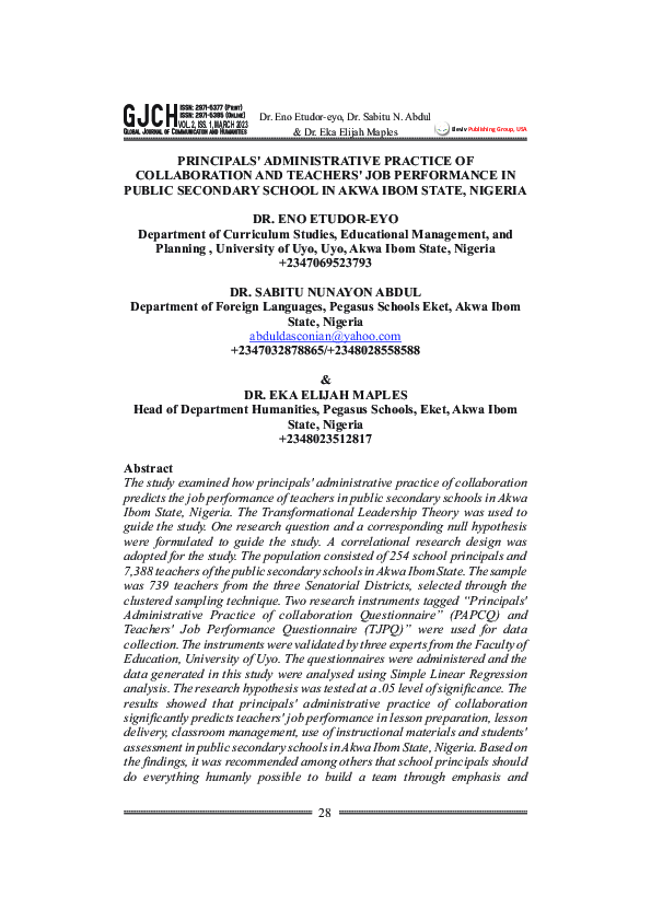 (PDF) PRINCIPALS' ADMINISTRATIVE PRACTICE OF COLLABORATION AND TEACHERS' JOB PERFORMANCE IN ...