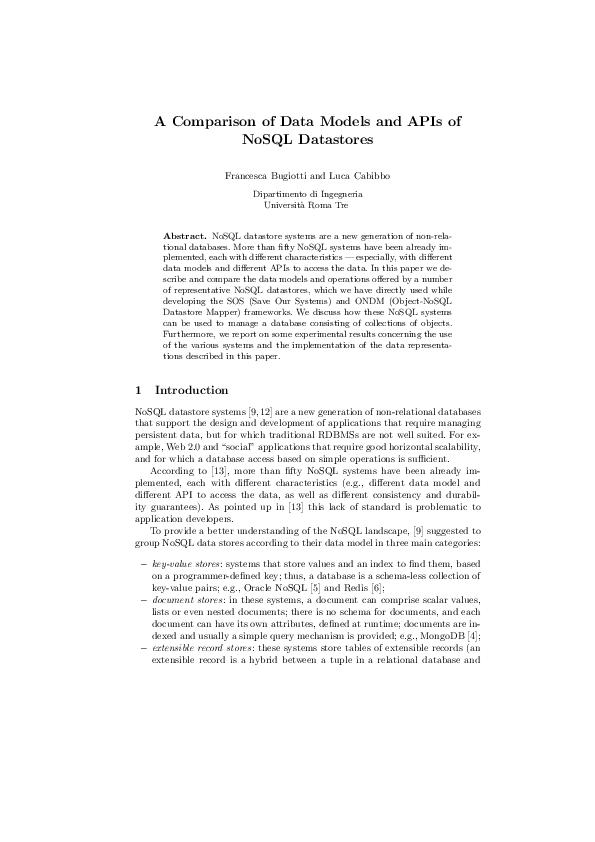 (PDF) A Comparison of Data Models and APIs of NoSQL Datastores