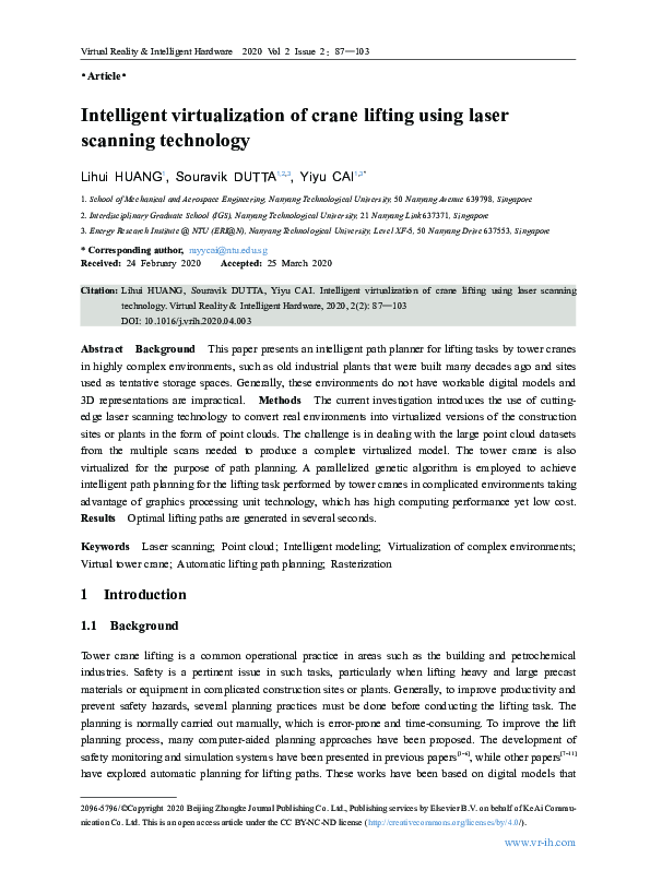 (PDF) Intelligent virtualization of crane lifting using laser scanning technology