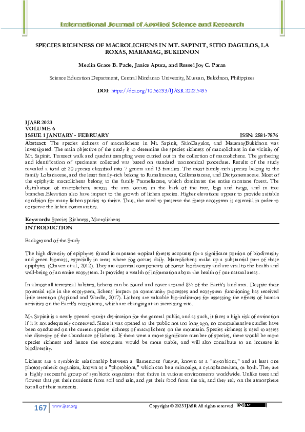 (PDF) Species Richness of Macrolichens in Mt. Sapinit, Sitio Dagulos ...