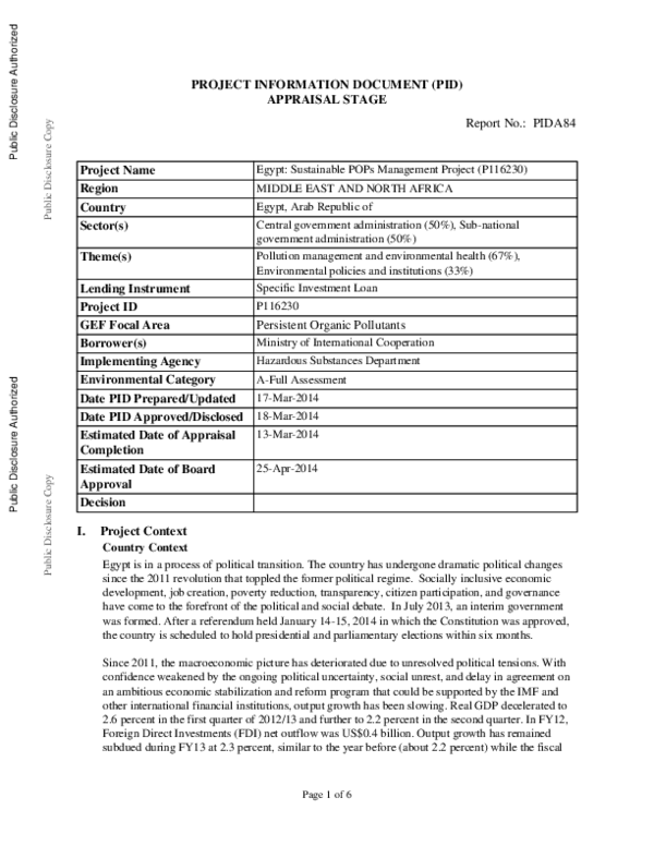 (PDF) Project Information Document (Appraisal Stage) - Egypt ...