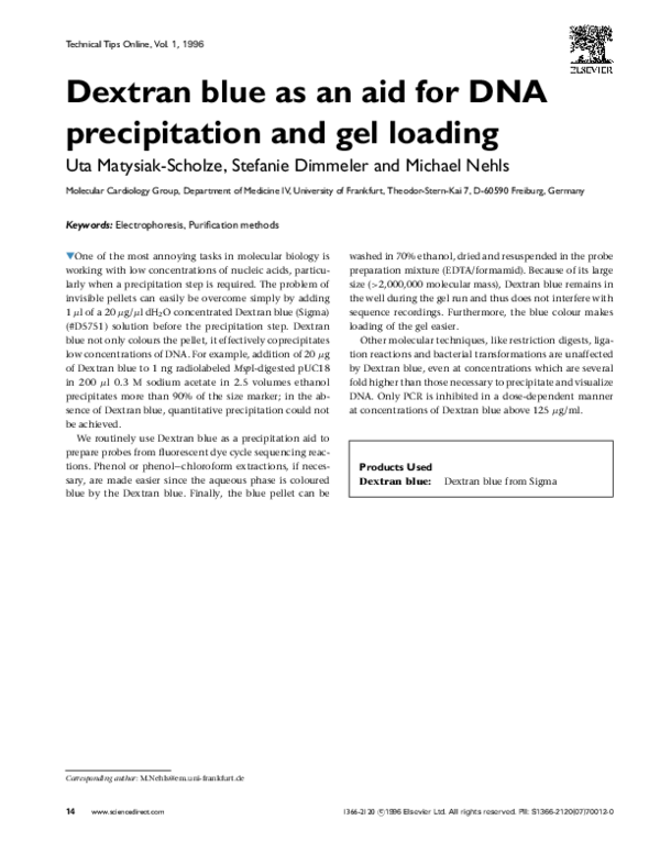 (PDF) Dextran blue as an aid for DNA precipitation and gel loading