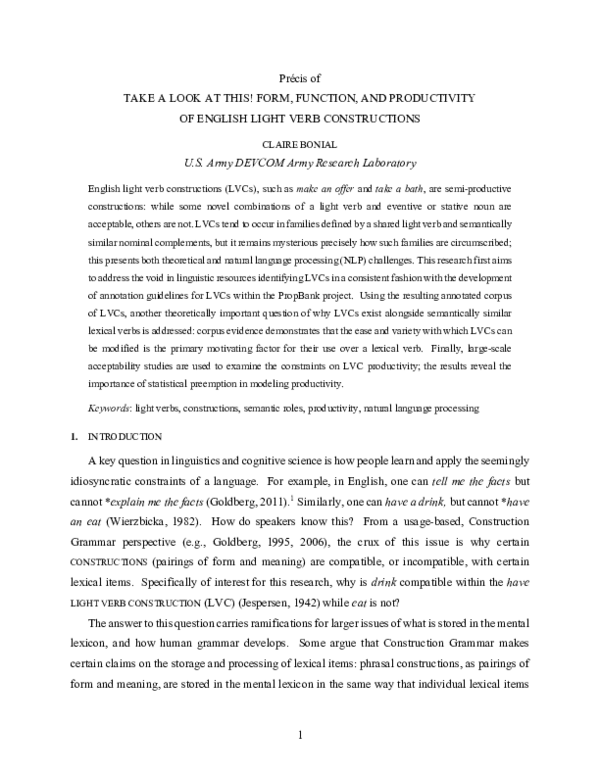 (PDF) Take a Look at This! Form, Function and Productivity of English Light Verb Constructions
