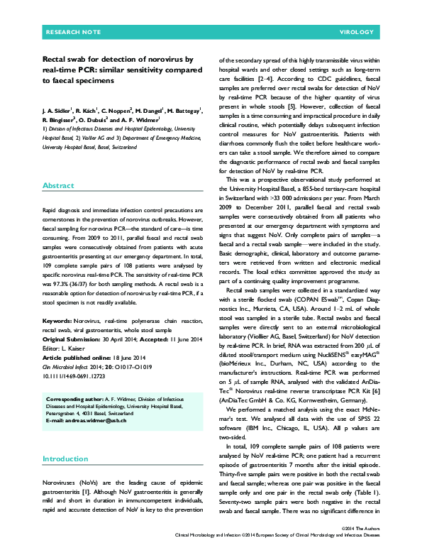 (PDF) Rectal swab for detection of norovirus by real-time PCR: similar ...