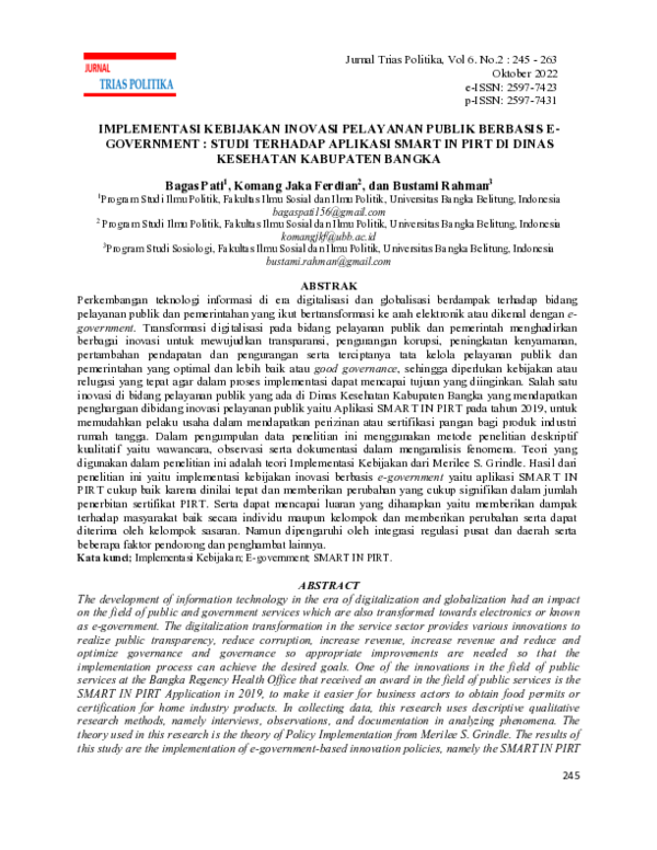 (PDF) Implementasi Kebijakan Inovasi Pelayanan Publik Berbasis E-Government : Studi Terhadap ...