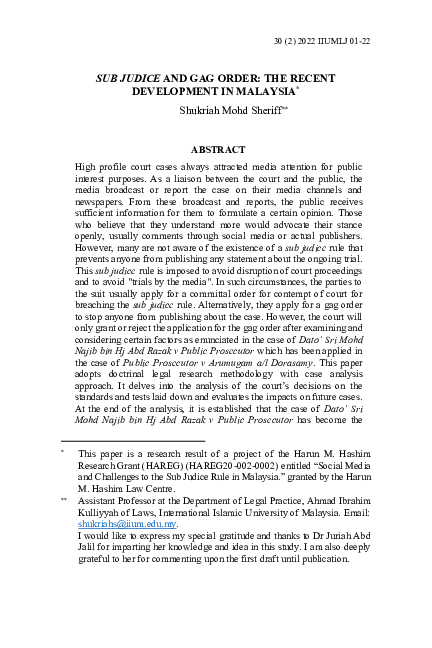 (PDF) Sub Judice and Gag Order: The Recent Development in Malaysia ...