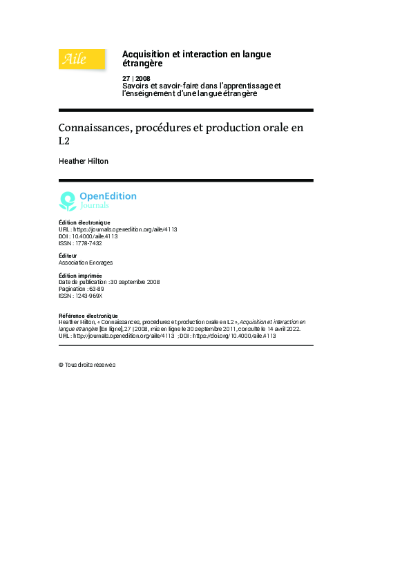 (PDF) Connaissances, procédures et production orale en L2