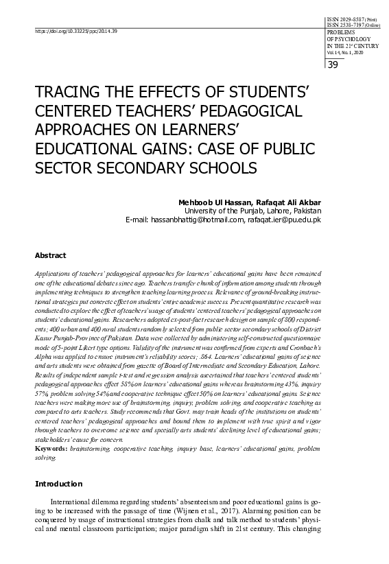 (PDF) Tracing the Effects of Students’ Centered Teachers’ Pedagogical ...