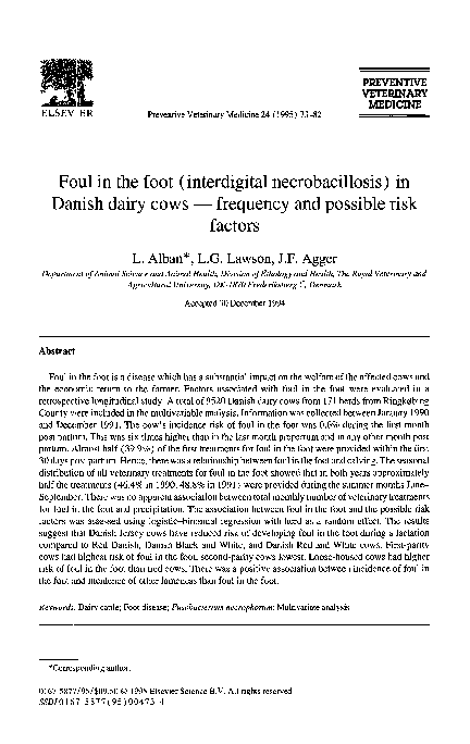 (PDF) Foul in the foot (interdigital necrobacillosis) in Danish dairy ...