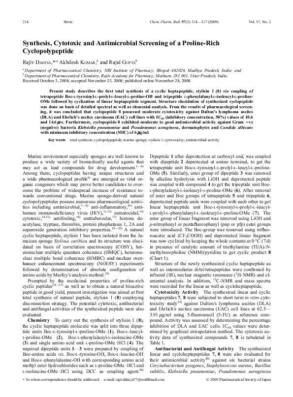 (PDF) Synthesis, Cytotoxic and Antimicrobial Screening of a Proline-Rich Cyclopolypeptide