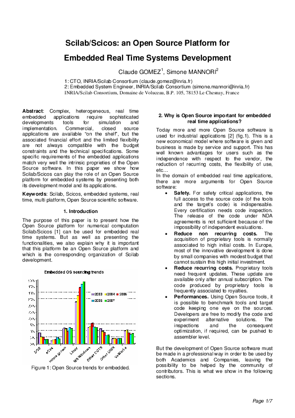 (PDF) Scilab/Scicos: an Open Source Platform for Embedded Real Time Systems Development