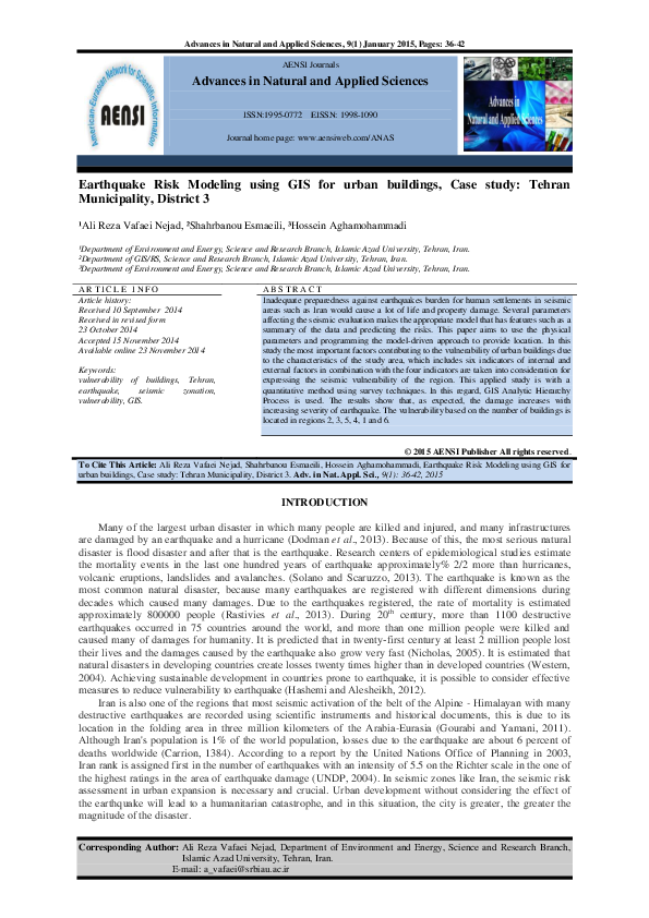 (PDF) Earthquake Risk Modeling using GIS for urban buildings , Case study : Tehran Municipality ...