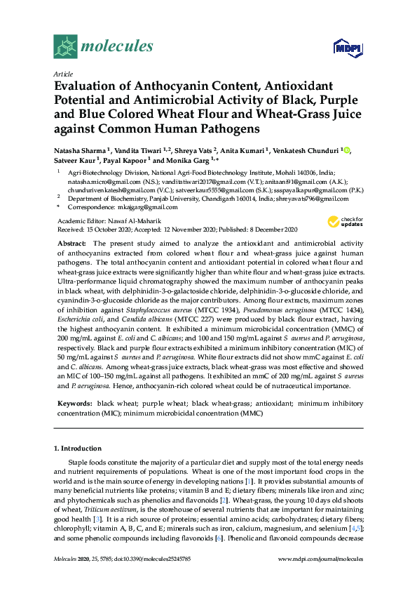 (PDF) Evaluation of Anthocyanin Content, Antioxidant Potential and Antimicrobial Activity of ...