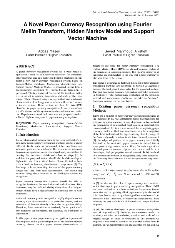 Pdf A Novel Paper Currency Recognition Using Fourier Mellin Transform Hidden Markov Model And
