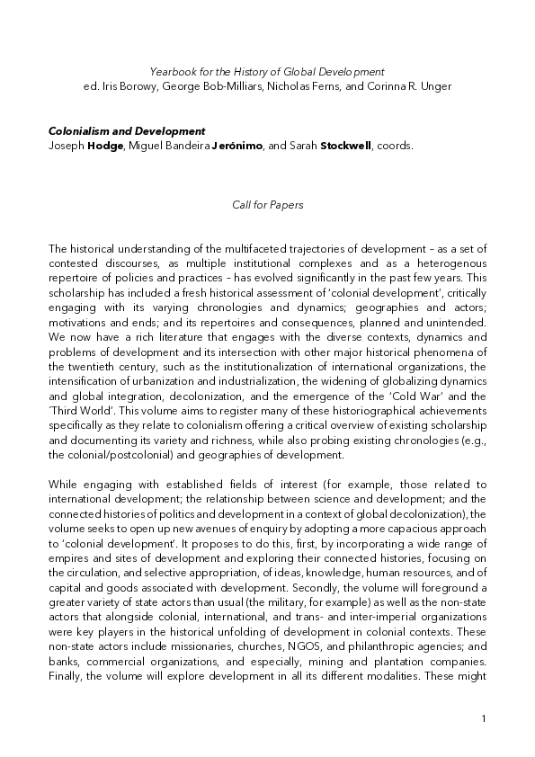 (PDF) Call for Papers: Colonialism and Development (Joseph Hodge ...