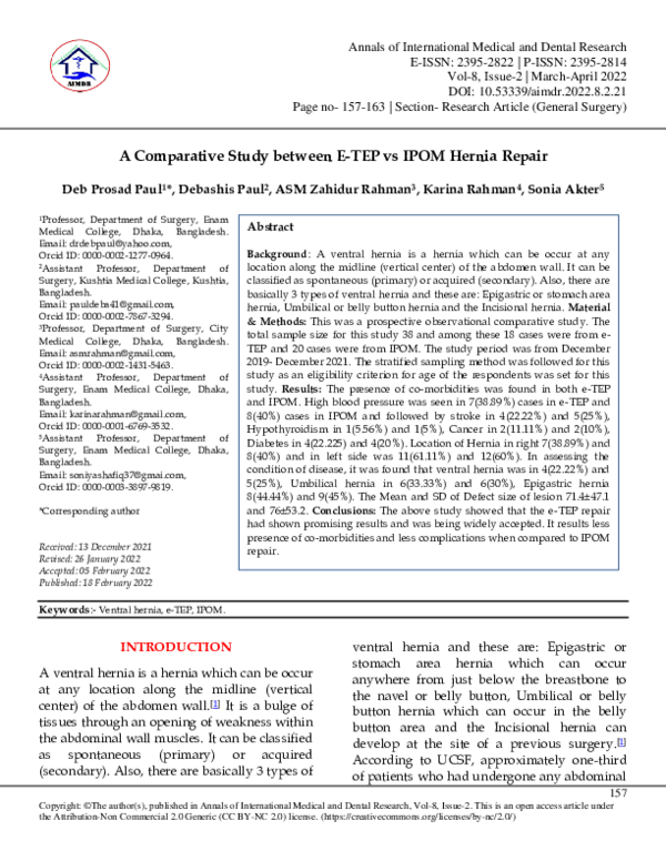 (PDF) A Comparative Study between E-TEP vs IPOM Hernia Repair