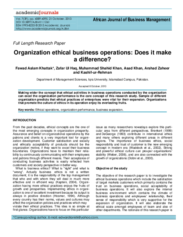 (PDF) Organization ethical business operations: Does it make a difference?