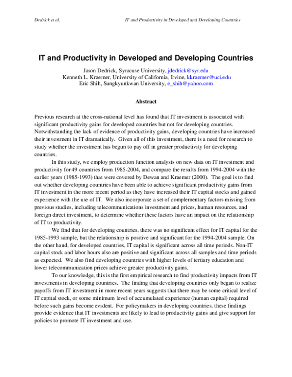 (PDF) IT and Productivity in Developed and Developing Countries