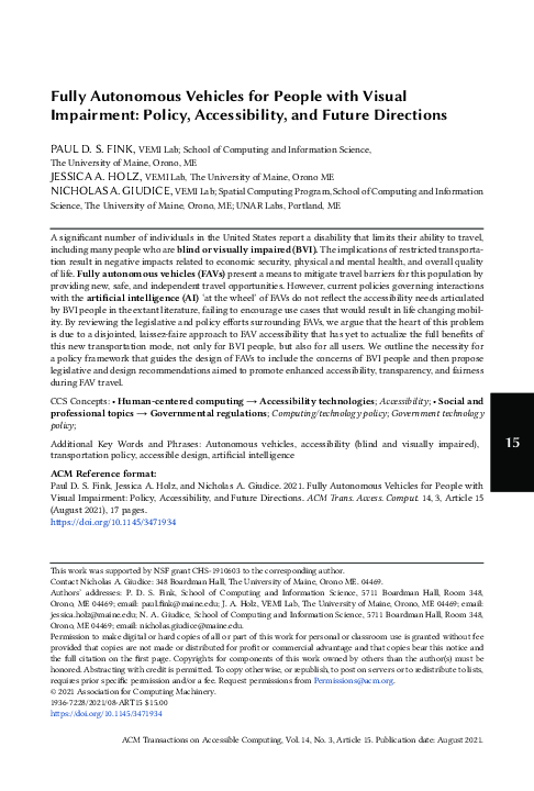 (PDF) Fully Autonomous Vehicles for People with Visual Impairment