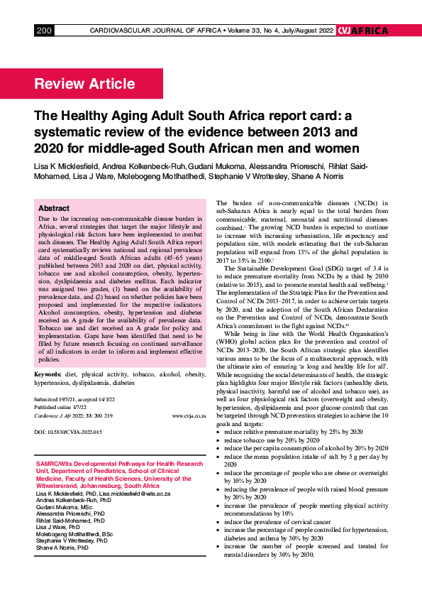 (PDF) The Healthy Aging Adult South Africa report card: a systematic ...