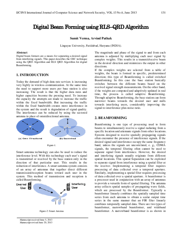 Pdf Digital Beam Forming Using Rls Qrd Algorithm Sumit Verma