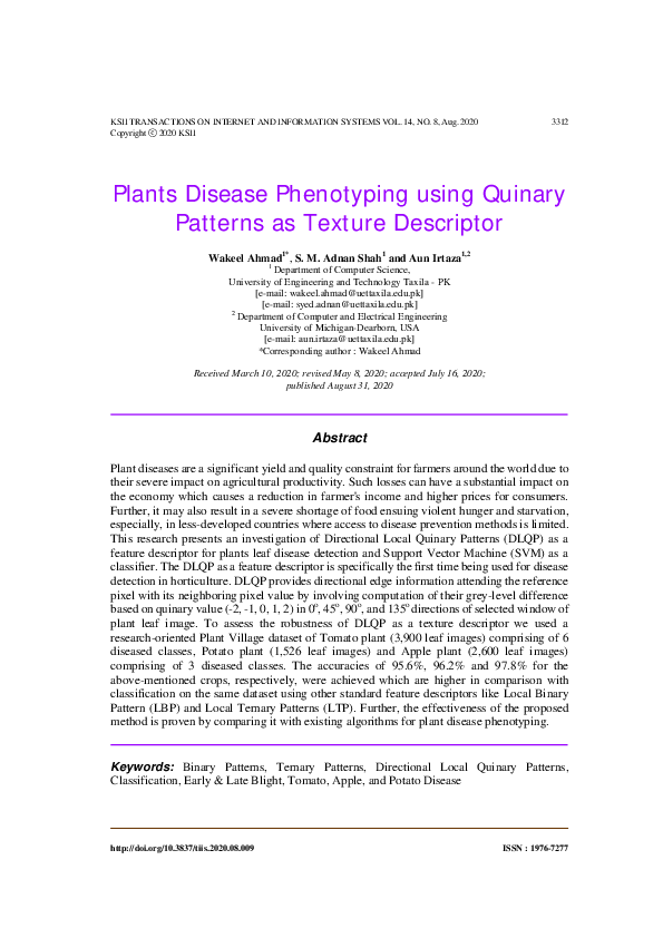 (PDF) Plants Disease Phenotyping using Quinary Patterns as Texture Descriptor